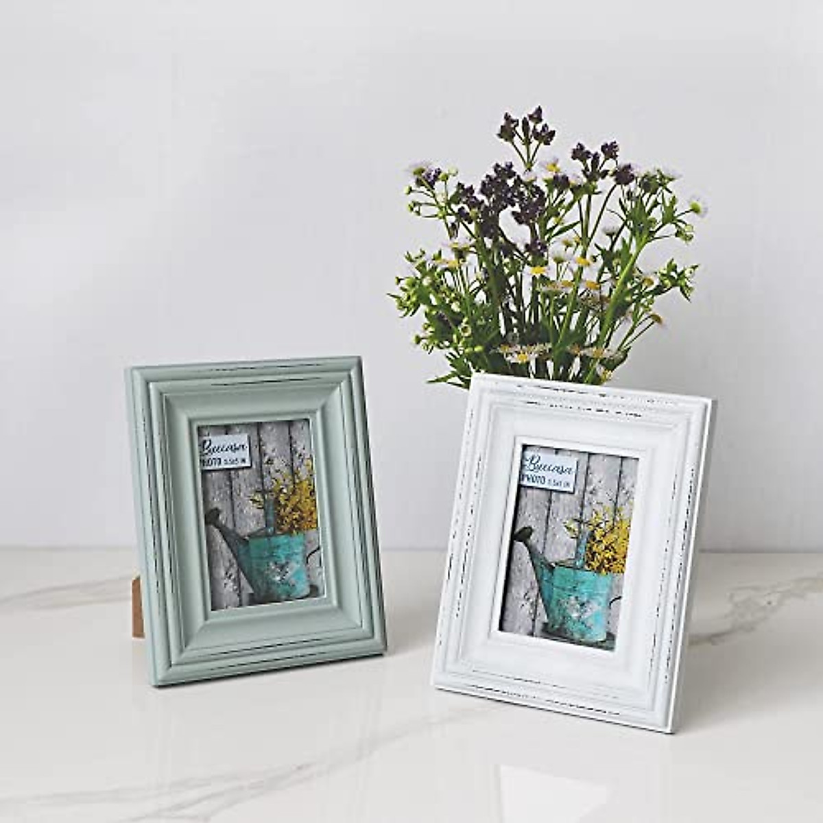 Buecasa Rustic 3.5x5 Inches Wooden Picture Frame Pack of 2 Vintage Cyan and White in Gift Box - Distressed Wood High Definition Glass Photo Frame Outside 6.1x7.7 Inches - 2 Way Display Tabletop or Wall Mount