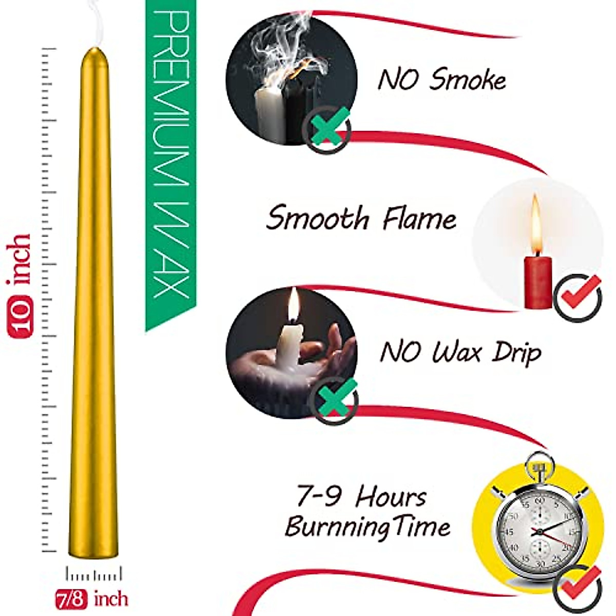 Taper Candles Gold - Set of 4, 10 Inch Tall Unscented Dripless Candles with Cotton Wicks Perfect for Dinner, Party, Wedding or Farmhouse Decor-7/8 Base (Gold)