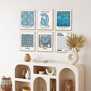 Matisse Wall Art Prints Set of 6, Abstract Blue Matisse Wall Art Exhibition Posters, Modern Blue Matisse Print William Morris Painting Yayoi Kusama Poster Claude Monet Prints, Boho Canvas Art Prints