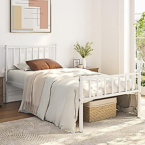 Yaheetech Twin Size Bed Frame Metal Platform Bed Frame Mattress Foundation with Spindle Headboard & Footboard/No Box Spring Needed/14 Inch Underbed Storage/Firm Support & Easy Set up Structure, White