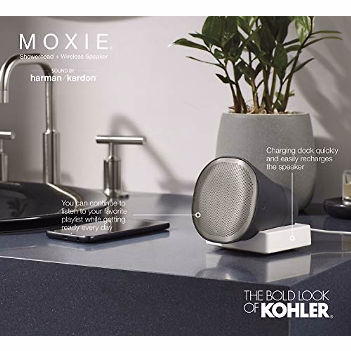 KOHLER Moxie Bluetooth Showerhead, Shower Speaker, Waterproof Speaker, Shower Radio, Rechargeable Speaker, Portable Speaker, 2.5 GPM, K-28238-NKE-CP, Polished Chrome