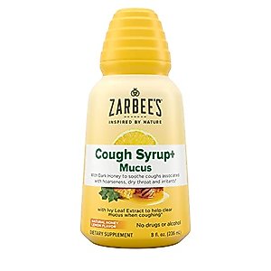Zarbee's Adult Daytime Cough Syrup + Mucus with Honey, Ivy Leaf, Vitamin C, D & Zinc, Thyme, Drug & Alcohol-Free, Gluten-Free, Ages 12+, Natural Honey Lemon Flavor, 8 Fl.oz