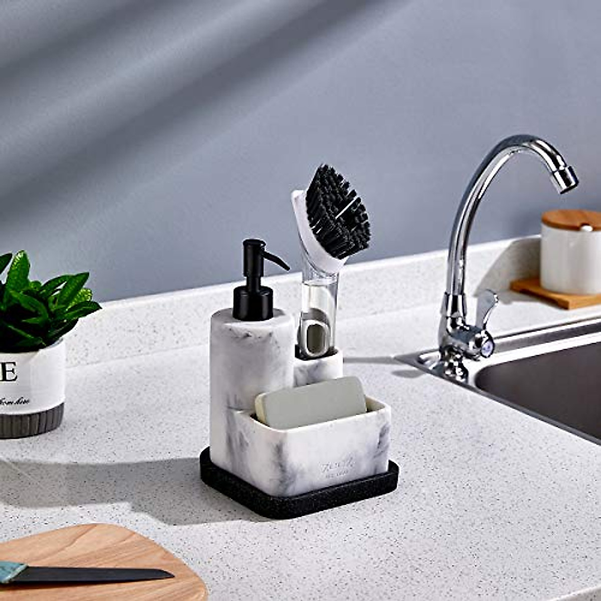ZCCZ White Soap Dispenser with Sponge Holder, Kitchen Soap Dispenser Pump, Sponge Caddy and Brush Holder 3 in 1 Set Organizer for Sink Countertop, Removable Tray, Marble Look