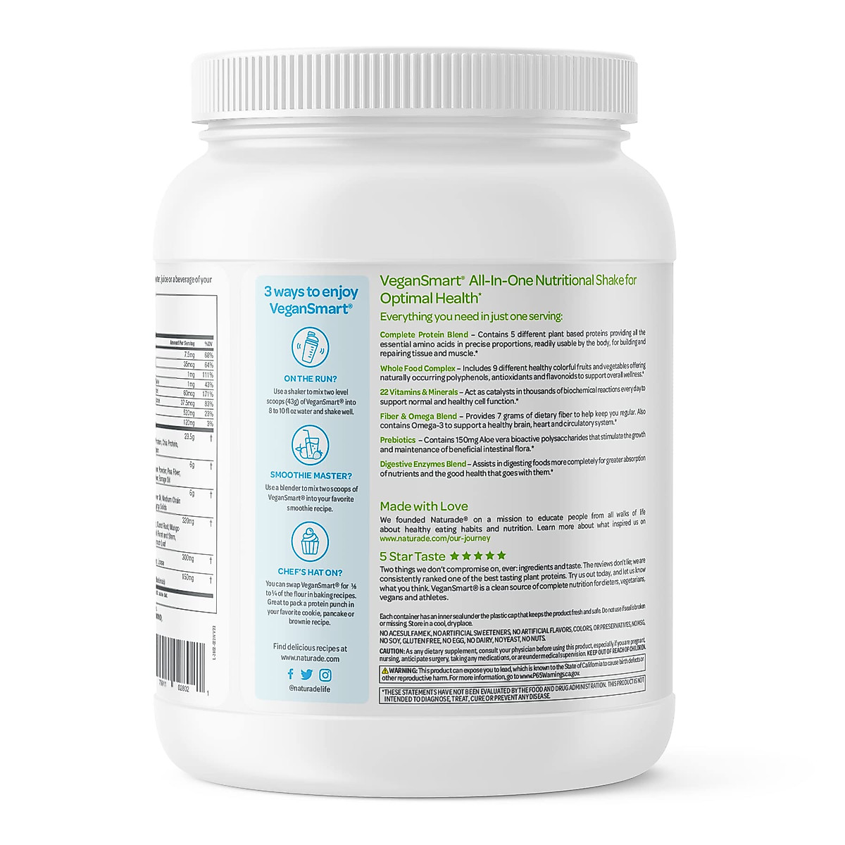 Vegansmart Naturade Plant Based Vegan Protein Powder - All-in-One Nutritional Shake Protein Blend - Gluten Free & Non-GMO - Vanilla (15 Servings)