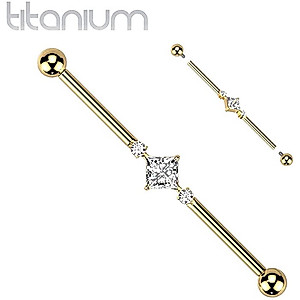Covet Jewelry Titanium Internally Threaded Industrial Barbell With 2 Round CZ and Square Center (Gold/Clear)