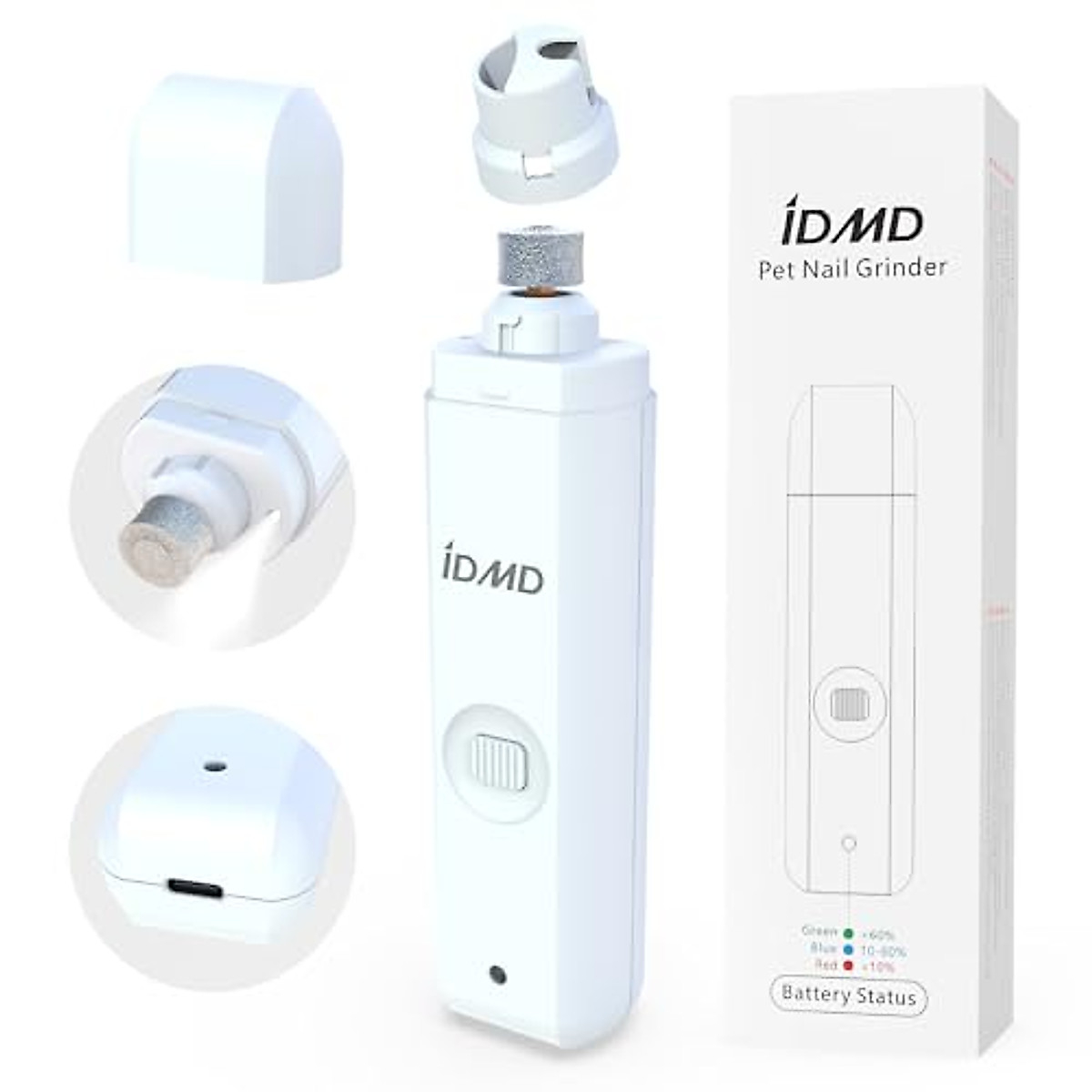 IDMD dog nail trimmers-Powerful 2-Speed dog nail grinder-with safe LED lighting and battery capacity indicator light & type-c USB rechargeable quiet pet nail grinder clipper for dogs/cats(White)