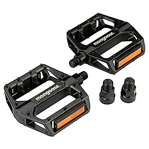 Mongoose Adult Mountain Bike Pedals, 1/2" and 9/16" Adapters, Durable Alloy Bicycle Platform Pedal, Refective Strips, MTB Bike Accessories, Black