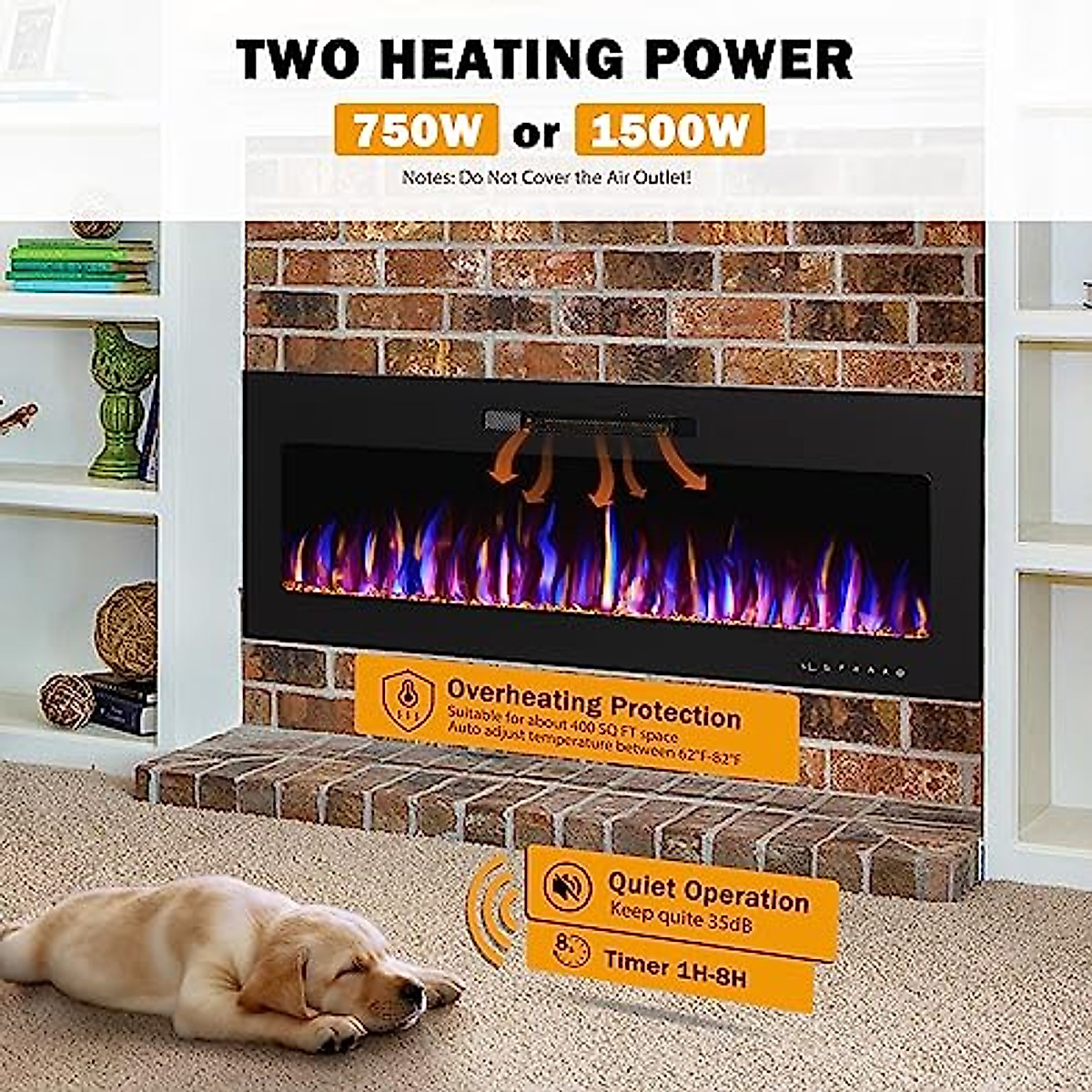 BETELNUT 50" Electric Fireplace Wall Mounted and Recessed w/144 Combination Colors & 5 Brightness,750/1500W Fireplace Heater w/Timer,Low Noise,Remote Control & Touch Screen,Log Set & Crystal Option