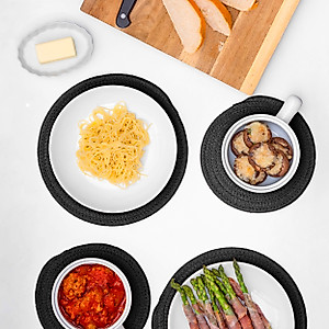 Round Cotton Trivets Set of 4 in Black by Beets & Berry, 7 inch and 9 inch Diameter, Pot Holders, Hot Pads, Hot Mats, 100% Pure Eco Cotton, Boho, Farmhouse, Mid Century Modern, Kitchen Decor