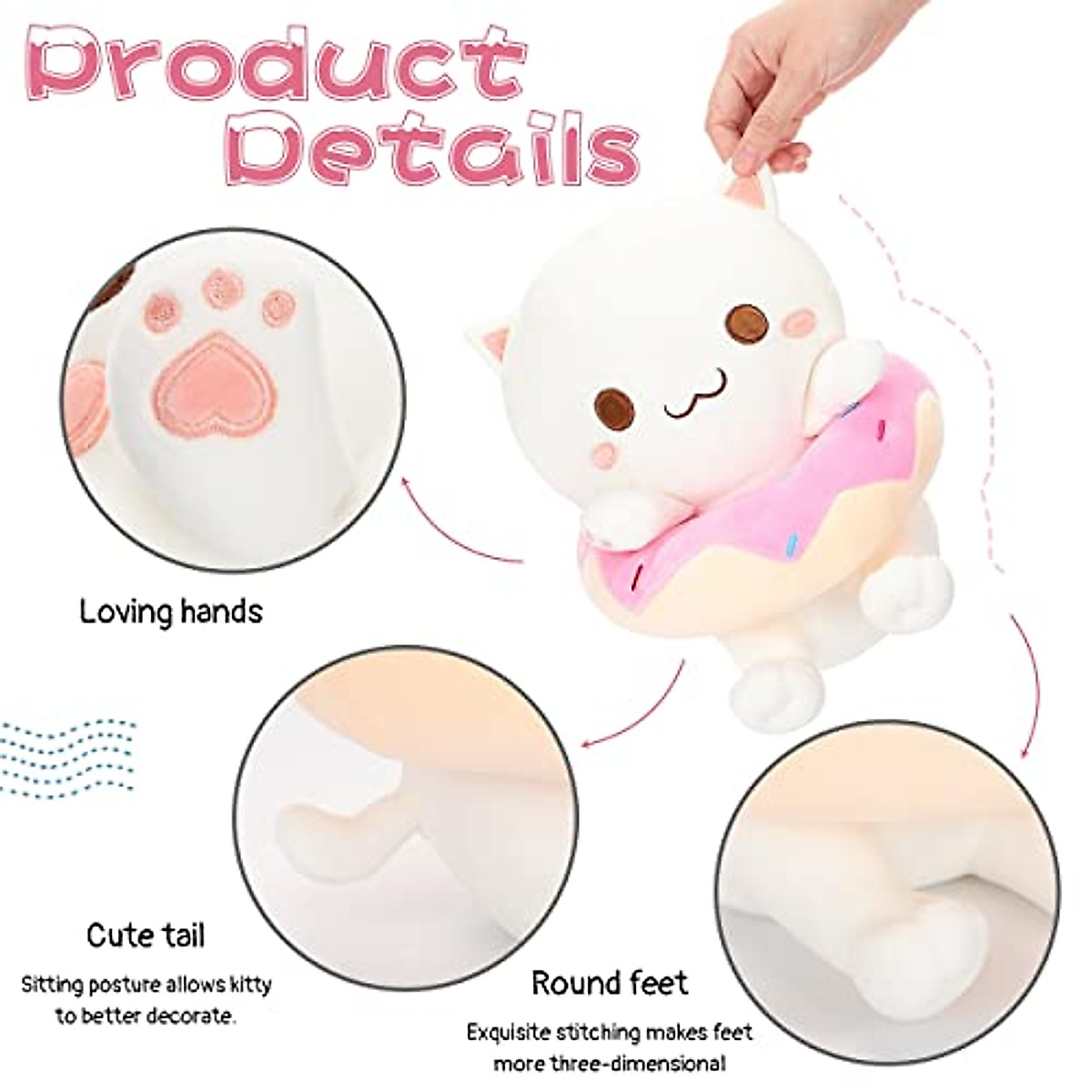 AIXINI Cute Plush Donut Cat Stuffed Animal, Super Soft Kawaii Cat Kitten Plushies for Kids 10inch (White,A)