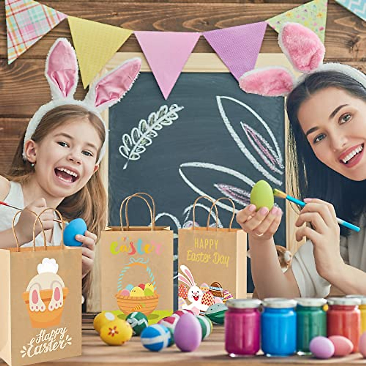 TOXOY Easter Kraft Gift Bags,18PCS Easter Paper Bags with Handles Easter Goodie Bags Bulk Easter Party Favor Bags for Candies Cookies Toys