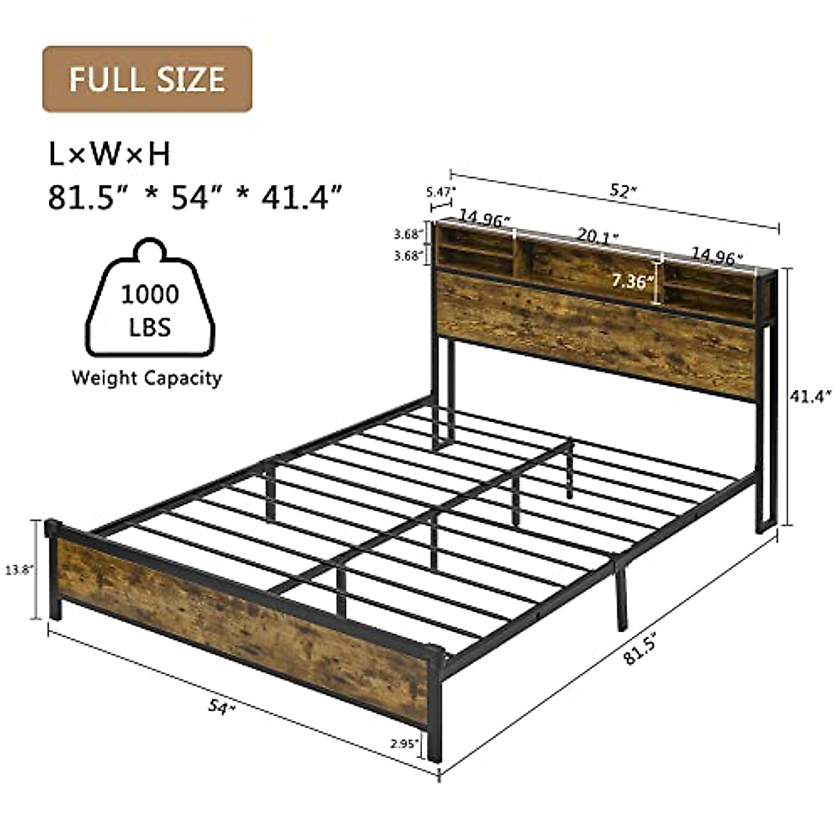 Alohappy Full Size Bed Frame with Bookcase Headboard, Metal Platform Bed Frame Full with Headboard Double Support Legs 13 Metal Slats Support,Easy Assembly Noise Free No Box Spring Needed