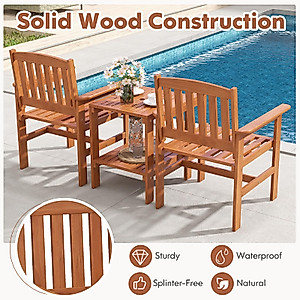 Tangkula 3 Piece Patio Conversation Set, Outdoor Wood Conversation Seat with Table and Umbrella Hole, Outdoor Furniture Set of 3 for Garden Poolside Backyard Balcony Porch