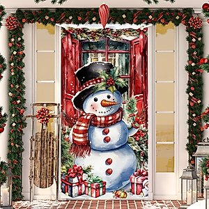 Christmas Door Cover Snowman Decoration Xmas Large Photography Background Banner Porch Sign for Winter Indoor Outside Front Door Banner Farmhouse Party Supplies 6 x 3 Feet