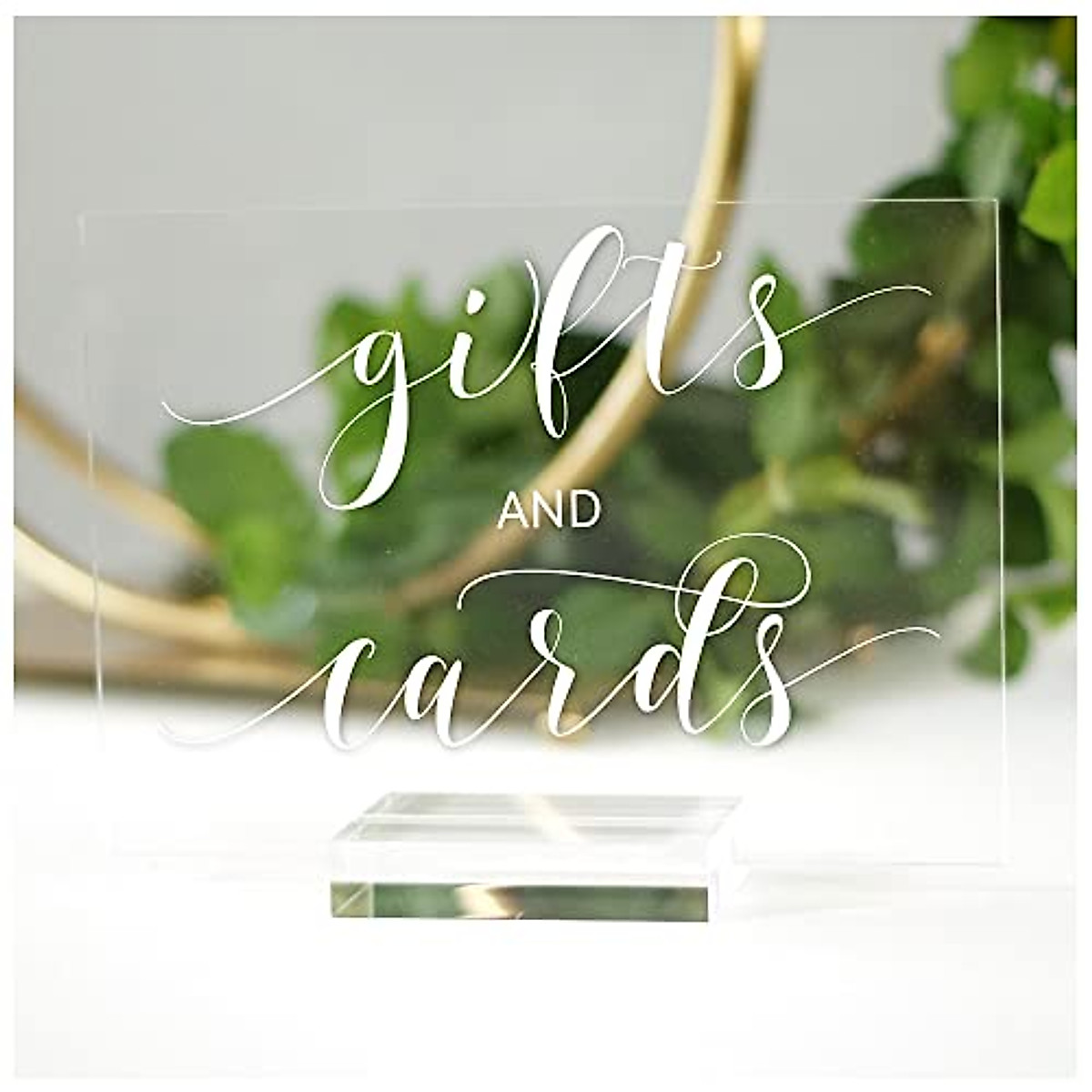 Cedar and Ink Gifts and Cards Sign w Acrylic Stand, Acrylic Wedding Signs Cursive, Clear Lucite Glass-Like Gift Sign for Table or Wedding Cards Sign for Acrylic Card Box, Stand Included