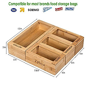 FVLFIL Bamboo Ziplock Bag Organizer for Kitchen Drawer 4 piece Organizers and Storage Dispenser Food Storage Plastic Bag Holder for Gallon, Quart, Sandwich and Snack Size Baggie