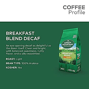 Green Mountain Coffee Roasters, Breakfast Blend Decaf, Ground Coffee, Decaffeinated, Light Roast, Bagged 12oz.