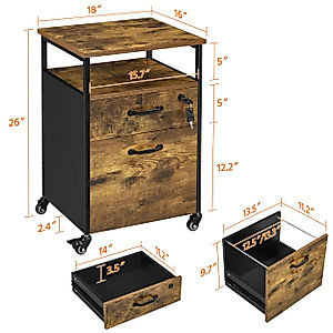 Yaheetech Mobile File Cabinet, Rolling Filing Office Cabinet with Wheels and Lock for A4, Letter Size, Printer Stand with Open Shelf for Home Office, Hanging File Folders, Rustic Brown+Black