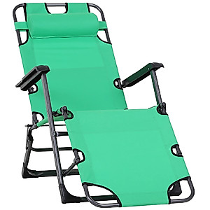 Outsunny Folding Chaise Lounge Chair for Outside, 2-in-1 Tanning Chair with Pillow & Pocket, Adjustable Pool Chair for Beach, Patio, Lawn, Deck, Green