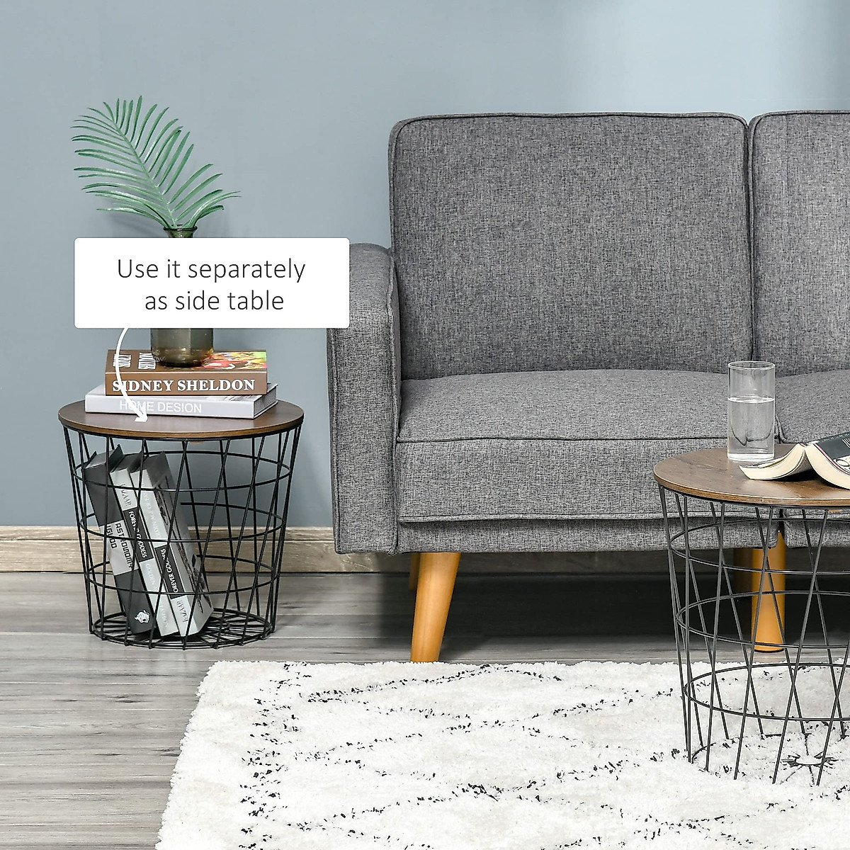 HOMCOM End Tables Set of 2, Nesting Tables with Storage, Round Accent Side Tables with Removable Top for Living Room, Black/Brown