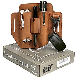 SELEWORK TH21 Multitool Belt Sheath, EDC Leather Belt Organizer, Double Stitch,Triple Strap, Belt Holder for Tactical Flashlight, Pen and Keychain Clip with Pouch, Leatherman Tool Holster Gift for Men