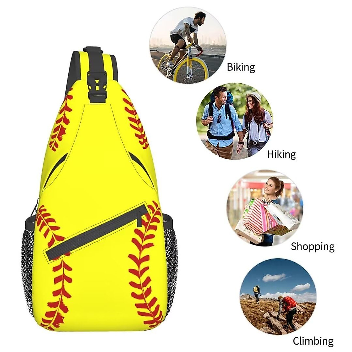 Softball Print Sling Bag Crossbody Backpack for Men Women Yellow Softball with Red Stitches Cute Sports Ball Pattern Chest Bag Adjustable Shoulder Backpack Gym Sport Travel Hiking Daypack Outdoors
