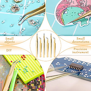 6 Pieces Eyelash Extension Tweezers, Straight and Curved Tip Stainless Steel Tweezers Nippers Volume Lash Tweezers for Eyelash Extensions False Lash Application Tools (Gold)