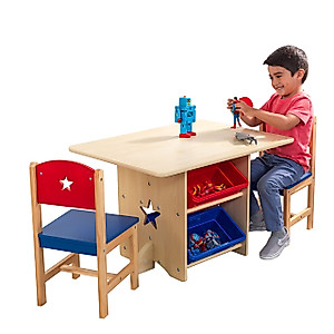 KidKraft Wooden Star Table & Chair Set with 4 Storage Bins, Children's Furniture – Red, Blue & Natural