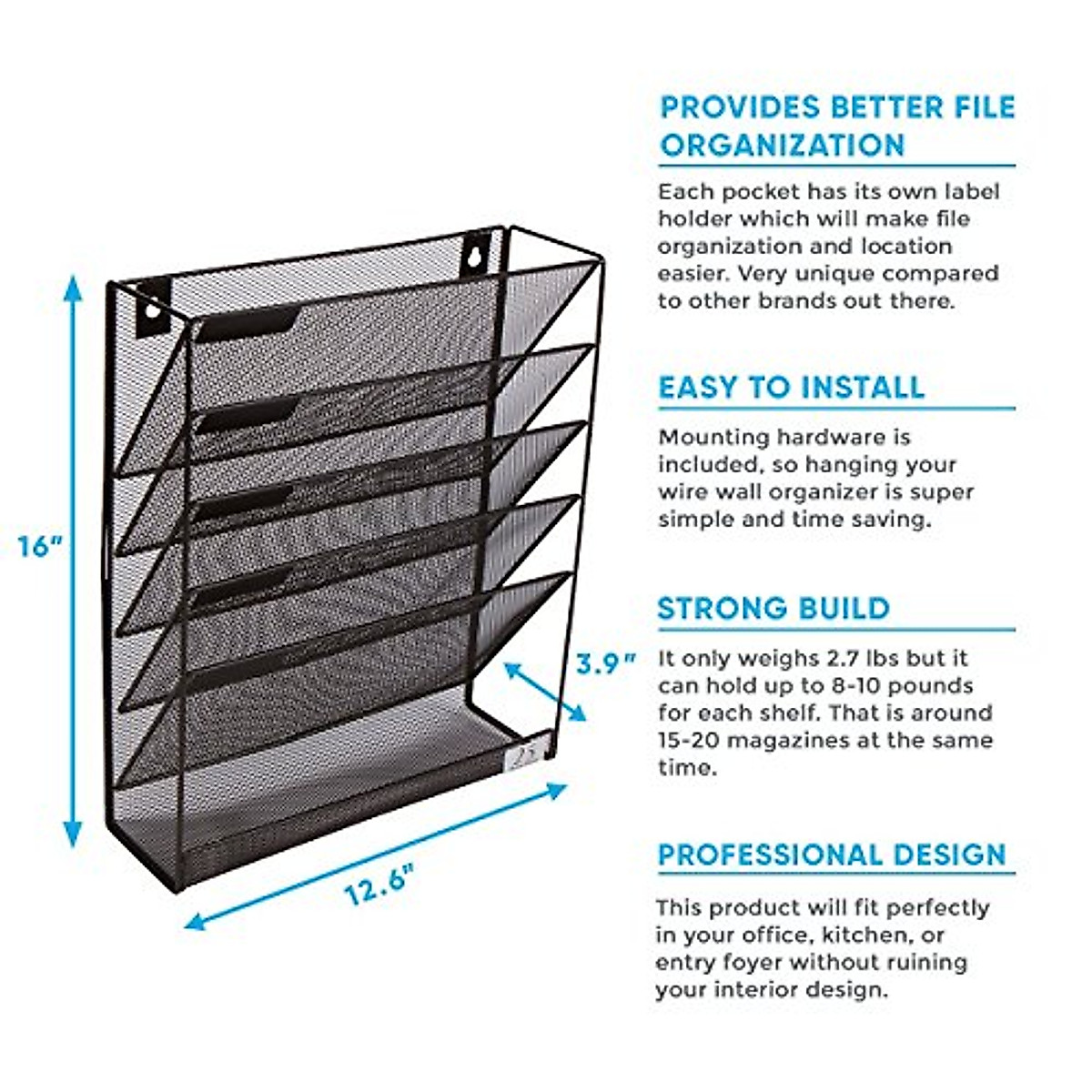 5 Pocket Wall Mounted File Hanging Organizer Metal Mesh Office Home Folder Binder Holder Magazine Mail Rack + Hardware, Black