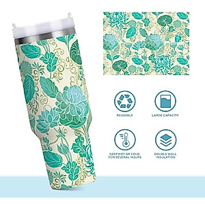 Vacuum Insulated Tumbler 30 Oz with Handle and Straw Lid, Retro Teal Floral