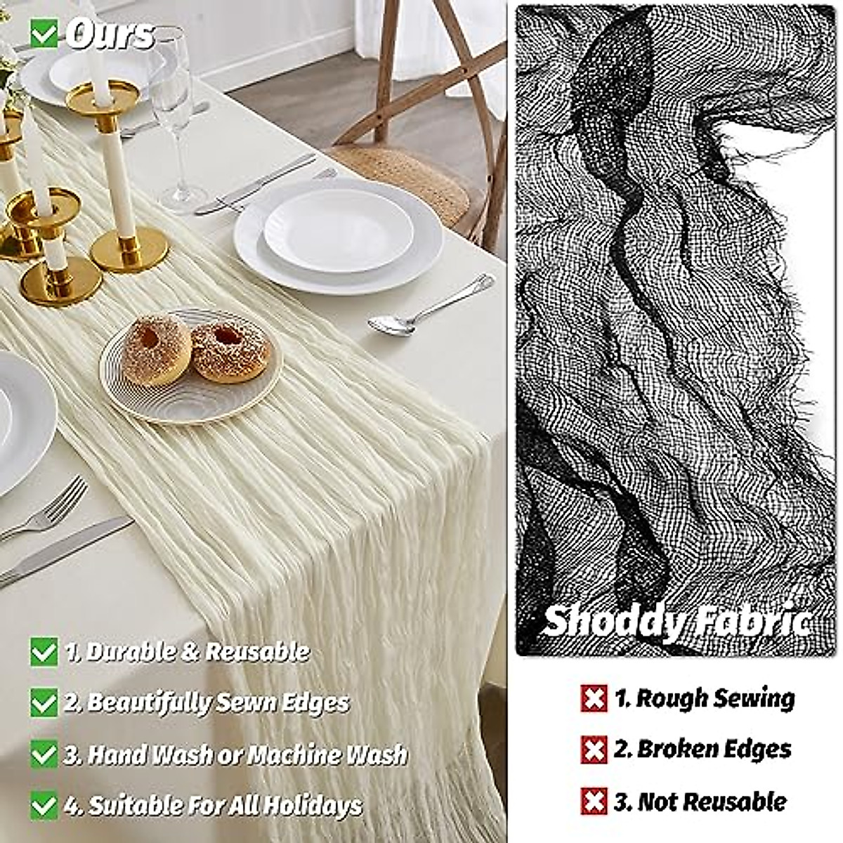 Nialnant Table Runner 35 X 160 Inch Beige Cheesecloth Table Runner for Wedding Reception,Rustic Table Runners for Boho Party,Holidays,Bridal Showers Decorations