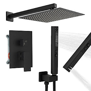RUMOSE Matte Black Rainfall Shower System Fixture 12 Inch High Pressure Square Shower Head with 2 in 1 Handheld Spray Wall Mount Brass Bathroom Shower Faucet Set with cUPC Certified Rough-in Valve