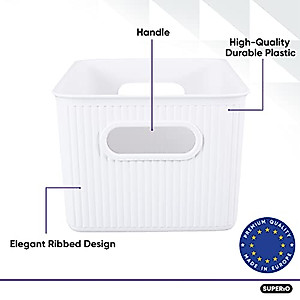 Superio Decorative Plastic Lidded Home Storage Bins Organizer Baskets, Medium White (1 Pack - 5 Liter) Stackable Container Box, for Organizing Closet Shelves Drawer Shelf - Ribbed Collection