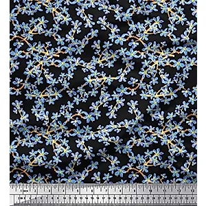 Soimoi Black Cotton Canvas Fabric Forget Me Not Bush Floral Print Fabric by The Yard 58 Inch Wide