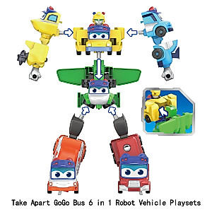 GO GO BUS STOP Action Figure Toy Vehicle Playsets, Cute Cartoon 6 in 1 Transforming Vehicles Transform into 11" Robot, Durable Toys for Boys Girls Kids