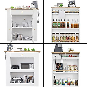 IRONCK Kitchen Island with Storage, Large Organized Storage Space with Power Strip, 2-Door Cabinet and 2 Open Shelves/Dual Side Drawers/5 Open Spice Racks, 29.5" D x 39.4" W x 37.8" H, White