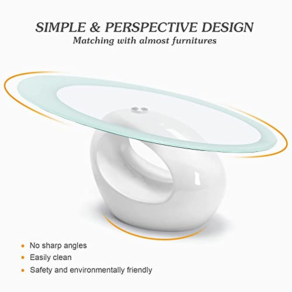 Modern White Glass Coffee Table for Living Room, with Glass Top & Glossy Solid Base for Storage, Sofa Side Central Table, Oval Glass Table Set for Living Room, Sitting Room