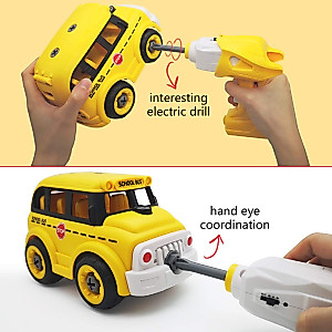 QUN FENG Take Apart Toys with Electric Drill|Remote Control Car 2 in 1 Construction Truck School Bus Taxi|Gift Toys for Boys 3,4,5,6,7 Year Olds|2.4G Stem Building Learning Toys