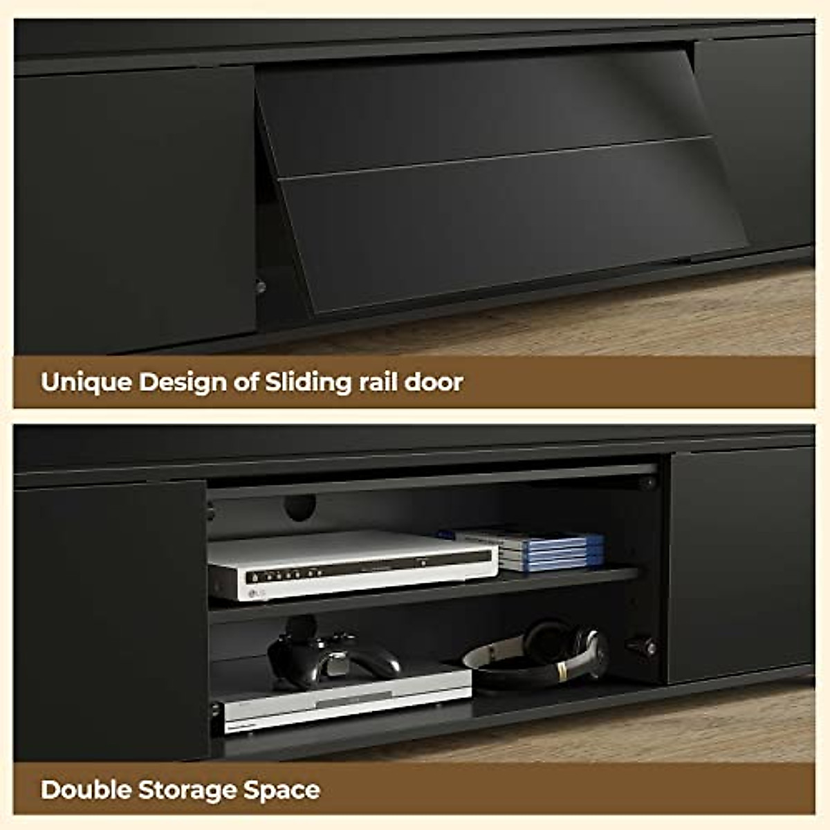 Rolanstar TV Stand with LED Lights & Power Outlet, Modern Entertainment Center for 32/43/50/55/65 Inchs TVs, Tv Table, Universal Gaming LED TV Media stand with Storage Cabinet and Large Storage, Black