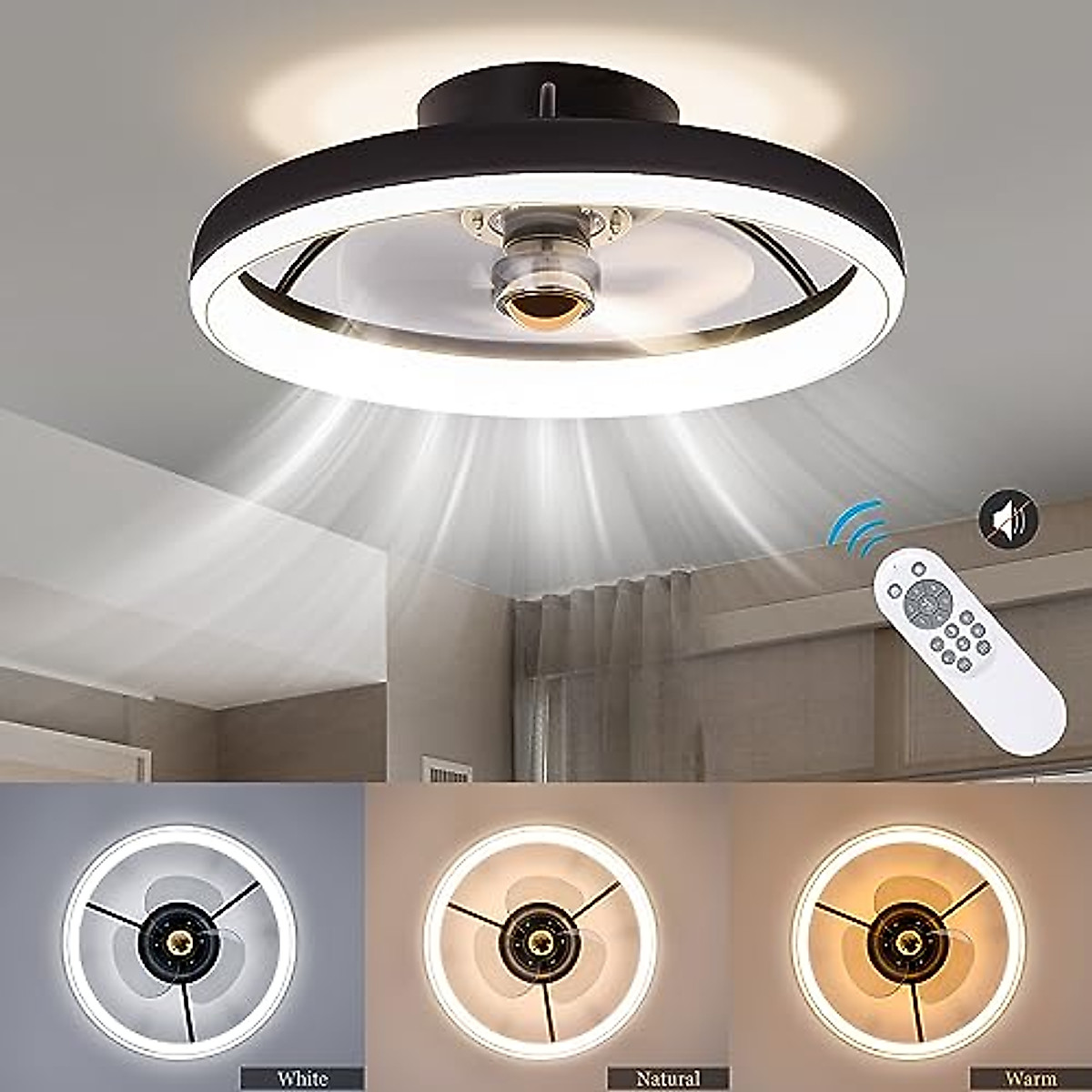Sunny Hawaii Modern Ceiling Fans with Lights and Remote, 19.7in Dimmable LED 6 Speeds Reversible Blades Timing Indoor Low Profile Ceiling Fan Semi Flush Mount with Remote Control(black)