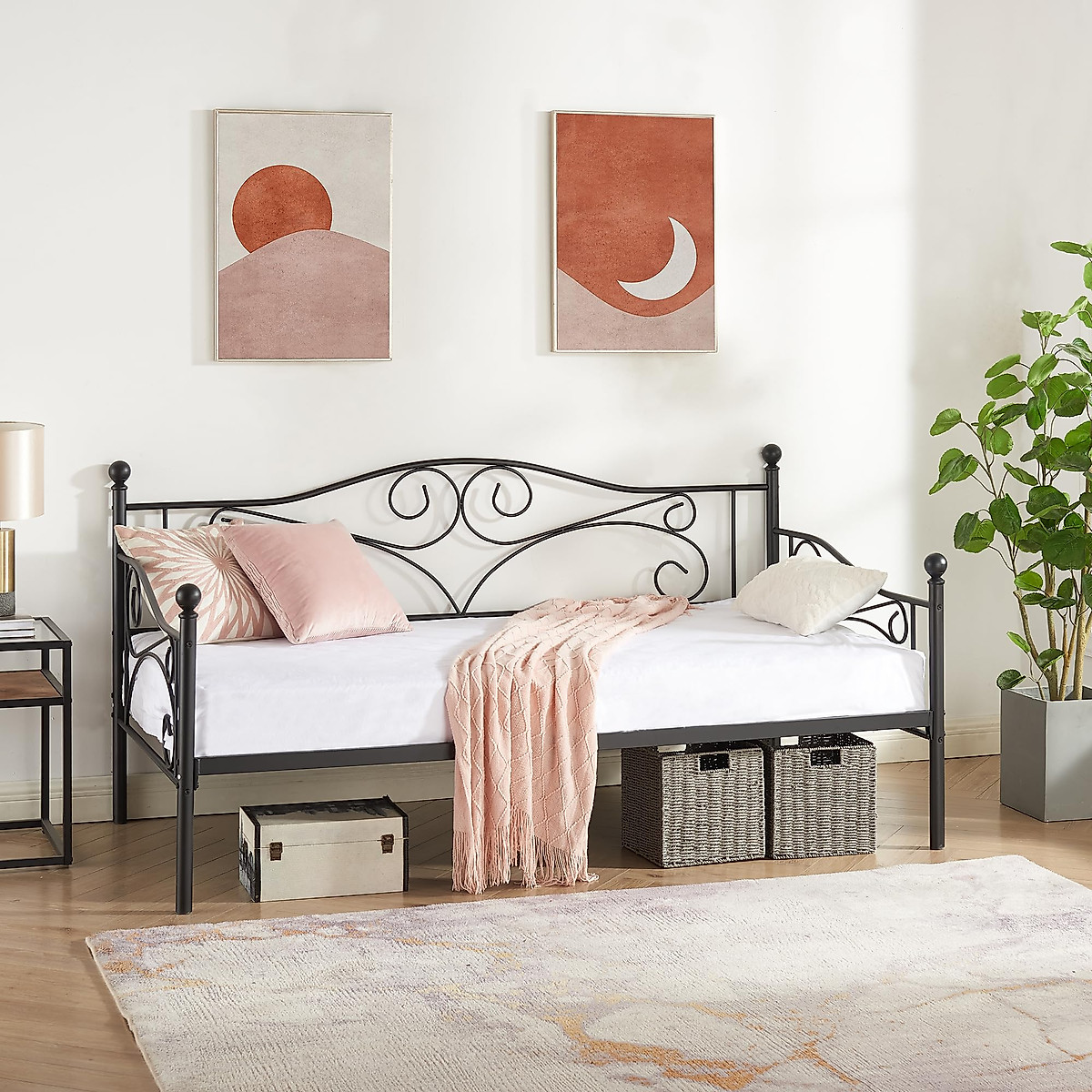 VECELO Daybed Frame, Twin Size Metal Platform Bed with Headboard,Heavy Duty Steel Slats Support for Living Room Bedroom Guest Room, Easy Assembly