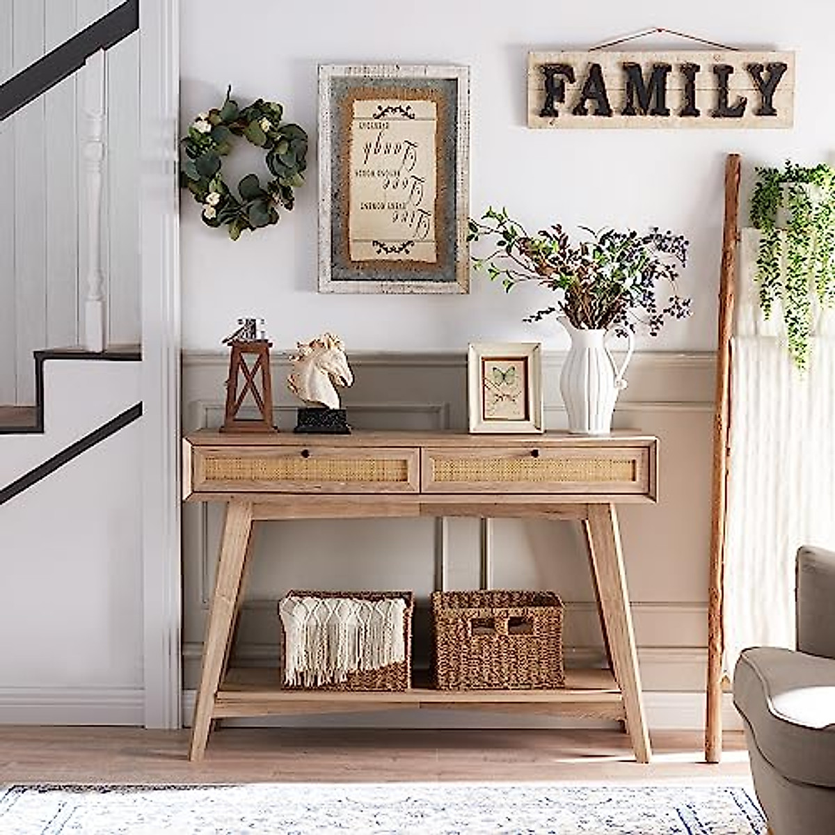 OKD Rattan Entryway Table, 46" Mid Century Modern & Boho Console Table with Drawers, Storage Shelf, Tall Long Farmhouse Wood Sofa Table Behind Couch for Entry Way, Hallway, Living Room, Foyer, Oak