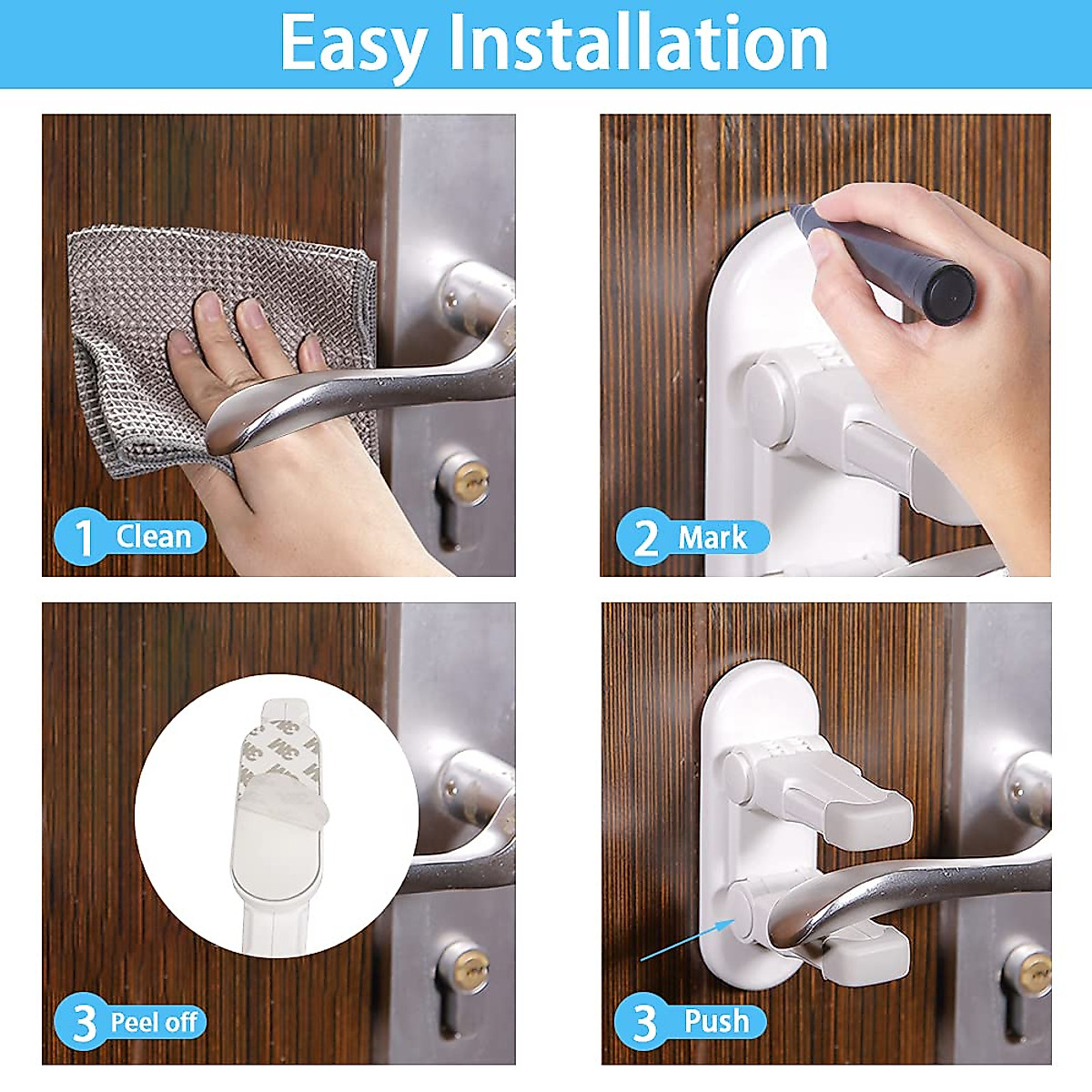 Flowden Improved Childproof Door Lever Lock（2 Pack）Prevents Toddlers from Opening Doors. Durable ABS with Adhesive Backing. Simple Install, No Tools Needed