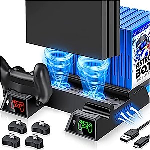 Kawaye PS4 Stand Cooling Fan for PS4 Slim/ PS4 Pro/Regular PlayStation4, PS4 Vertical Stand Controller Charger Station for Dual Charging, PS4 Accessories with Game Storage for Playstation Consoles