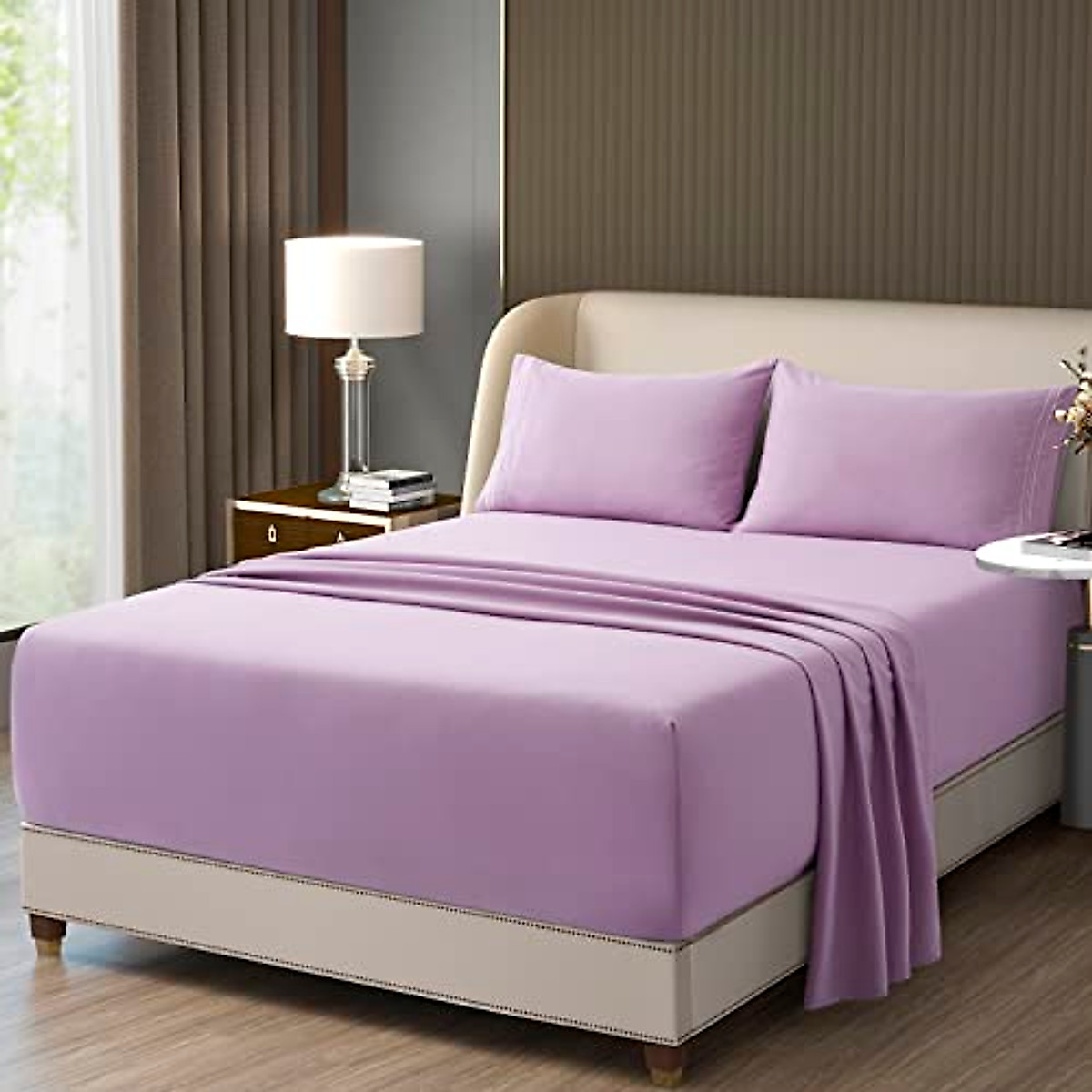 DengChao 4PCS Extra Deep Pocket Sheet Set 1800 Thread Soft Brushed Microfiber Light Purple Full Size Bed Sheets Set,Fit 18-24 Inch Deep Pocket Mattress,Comfortable Breathable& Wrinkle Resistant