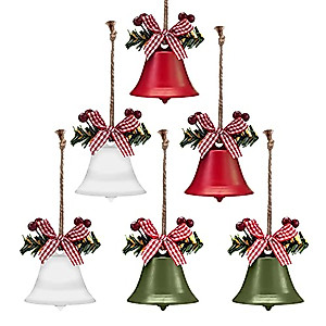 FYY Christmas Jingle Bell Ornaments, 6PCS Metal Christmas Tree Craft Bells with Bow-Knot and Holly Berry for Xmas Hanging Decorations, Window Door Christmas Holiday Party Supplies, Horns 3 Colors