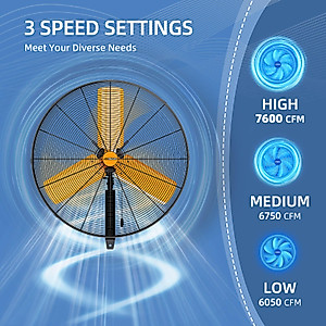 AIRWIZARD 24 inch Oscillating High Velocity Wall Mount Fan, 7600 CFM Industrial Heavy Duty Metal Wall Fan, 3 Speeds, Adjustable Height and Tilt, Commercial Shop Fan for Garage, Workshop