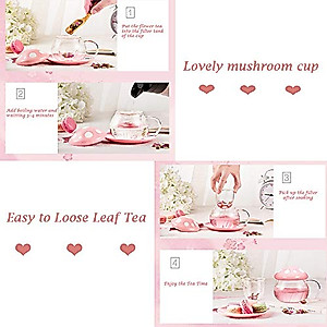 Rain House Cute Cups Mushroom Tea Cup with Tea Infuser and Spoon, Kawaii Mushroom Mugs, Glass Teacups with Ceramic Lid and Coaster, Mother's Day Gift Perfect for Girls Women for Home Office Use (Pink)