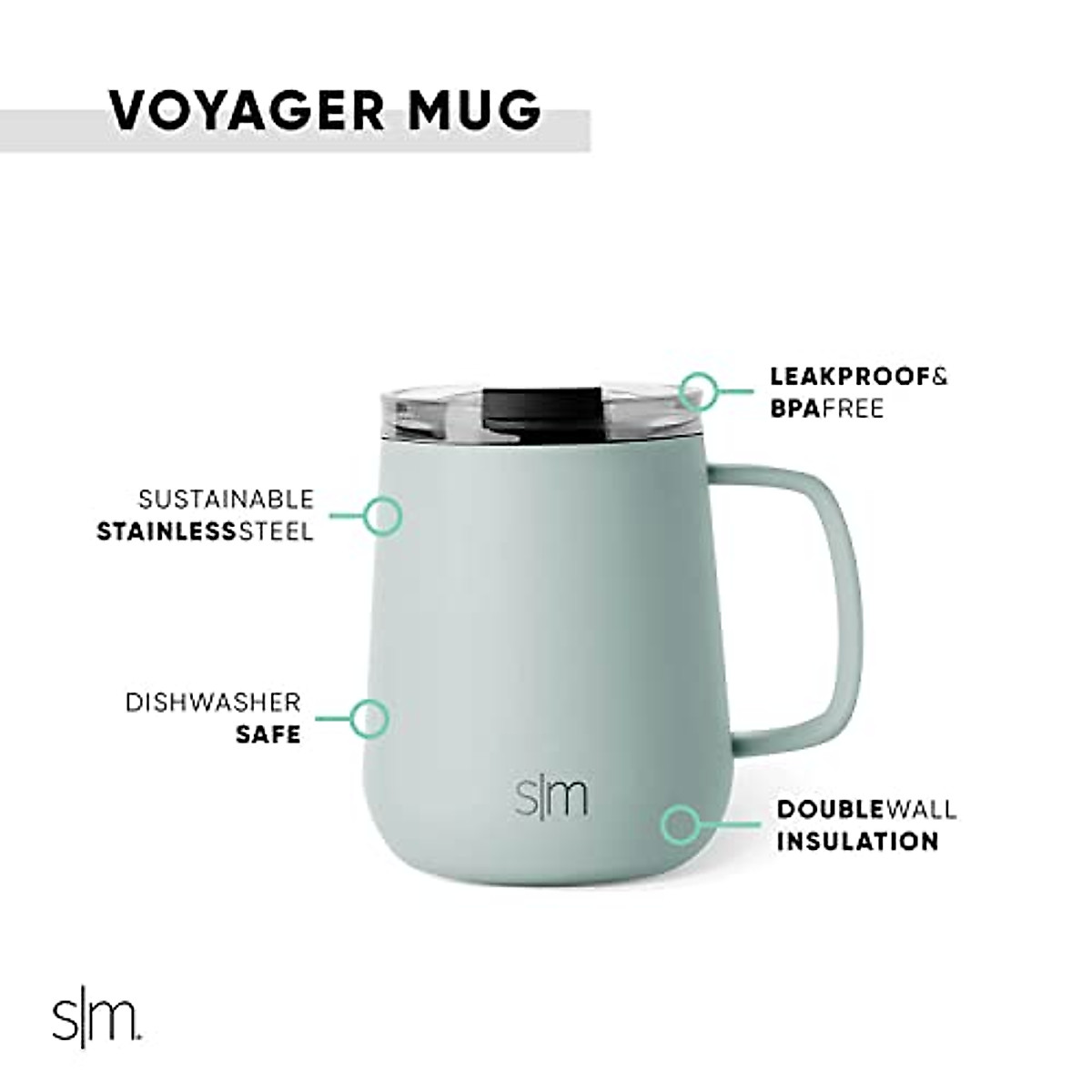 Simple Modern Travel Coffee Mug with Lid and Handle | Reusable Insulated Stainless Steel Coffee Tumbler Tea Cup | Gifts for Women Men Him Her | Voyager Collection | 12oz | Sea Glass Sage