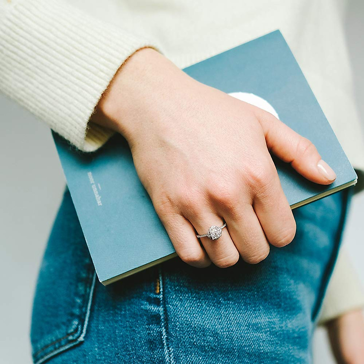 White Gold 1/2CTTW Diamond Center Cluster Ring With Halo And Diamonds On Band Fashion Engagement Or Promise